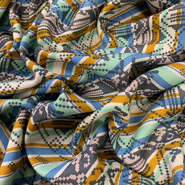 6 1/2 YD PC-Blue and Gold Multi Stripe Print Rayon Challis Fabric ...